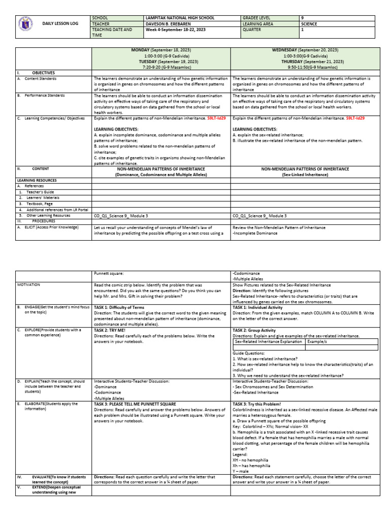 Daily-Lesson-Log-Topic 5 | PDF | Dominance (Genetics) | Heredity