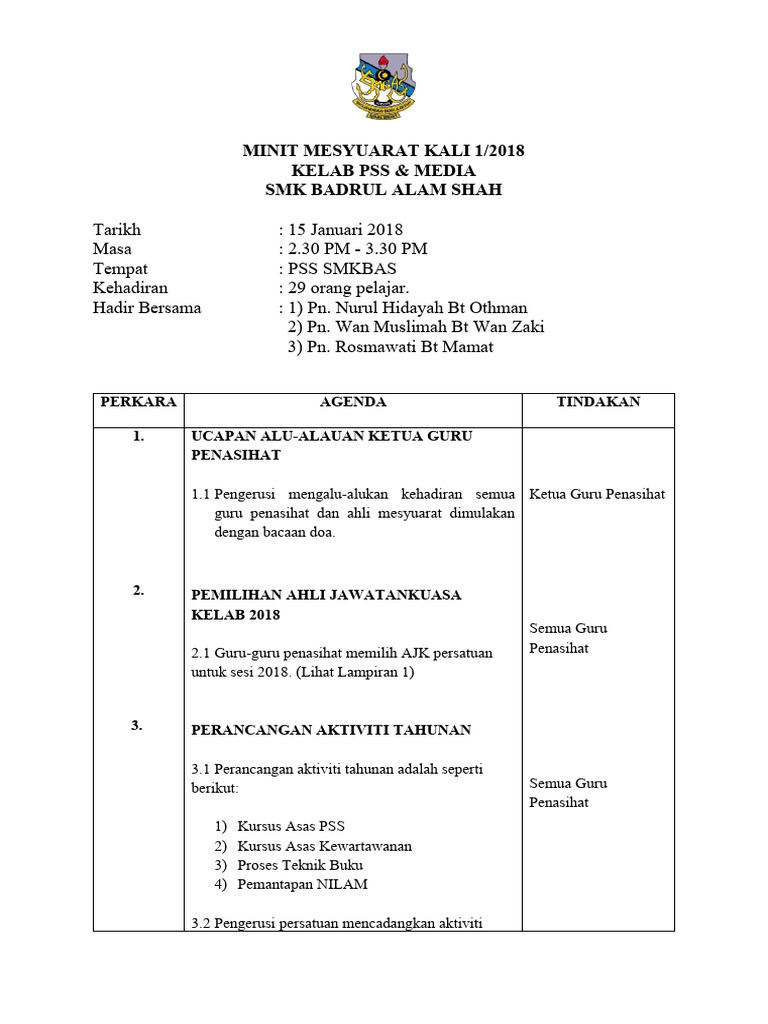 Minit-Mesyuarat-Agung-Kelab PSS 2018 | PDF