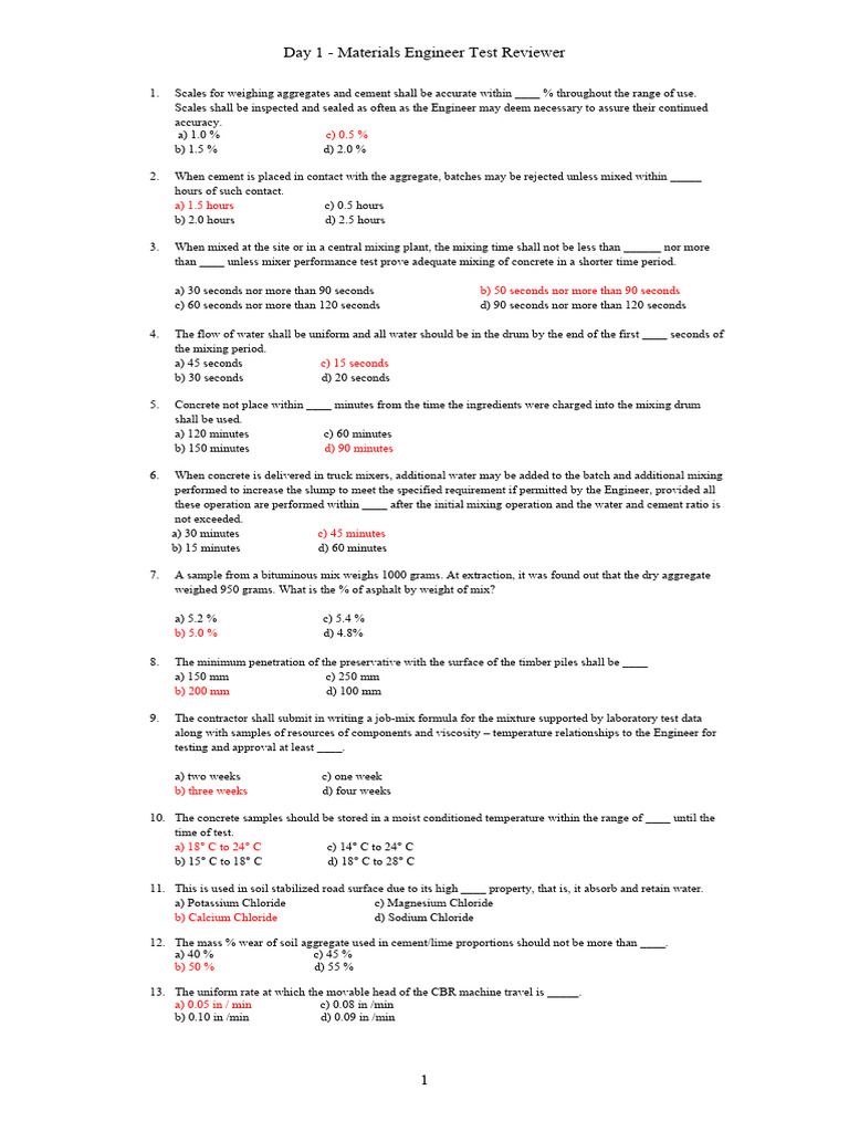 Day 1 Materials Engineer Test Reviewer | PDF | Concrete | Deep Foundation