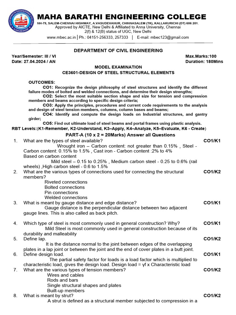 Dss Model Ans Key Pdf Beam Structure Column