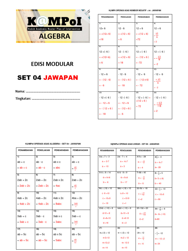 Set 4 K@mpoi Algebra 2022 - Jawapan | PDF | Algebra