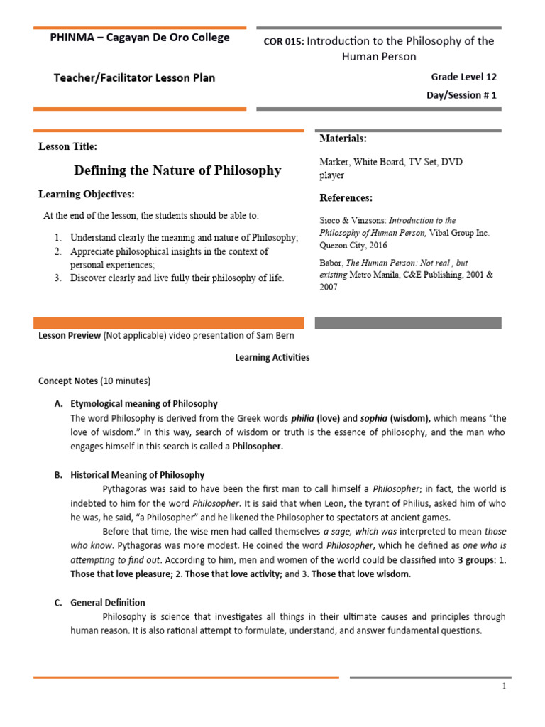 COR 015 - Intro. To The Philo. of The Human Person - Day01 - TG | PDF | Lesson Plan | Wisdom