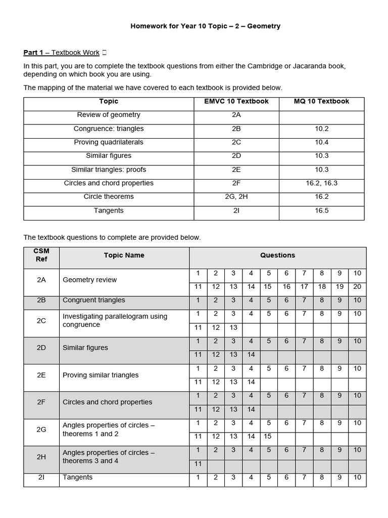 Year 10 Geometry Homework Guide | PDF | Circle | Perpendicular