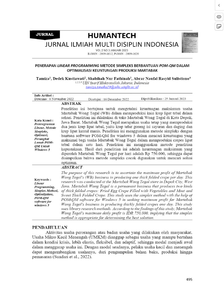 Penerapan Linear Programming Metode Simpleks Berbantuan Pom-Qm Dalam Optimalisasi Keuntungan ...