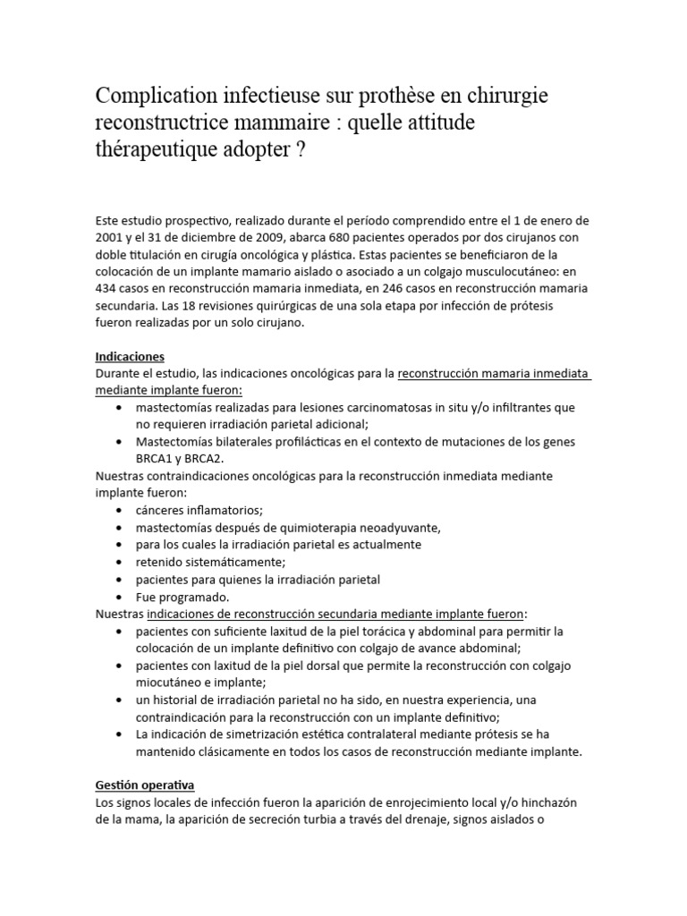 Complication Infectieuse Sur Prothèse en Chirurgie Reconstructrice ...