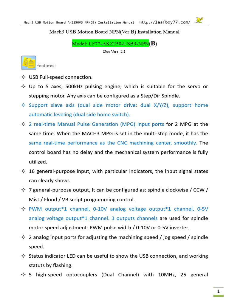 Mach3 USB Motion Board AKZ250V3 NPN(B) Manual(Ver2.1english) | PDF ...