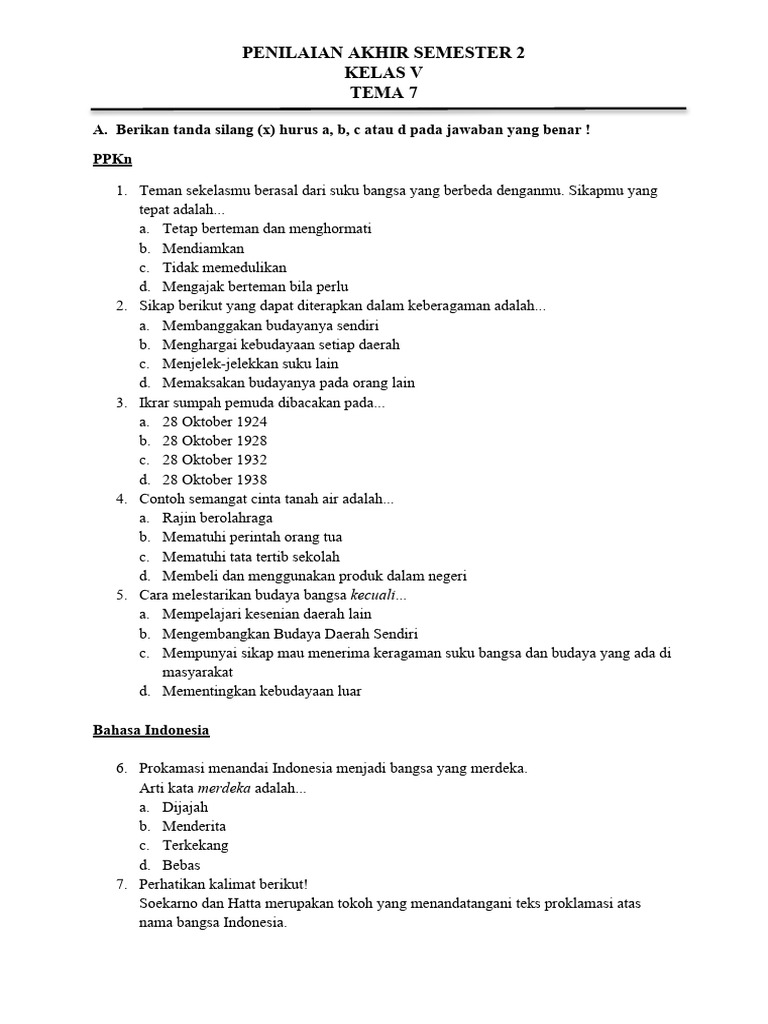 Soal Pas Tema 7 Klas V | PDF | Ilmu Sosial | Seni