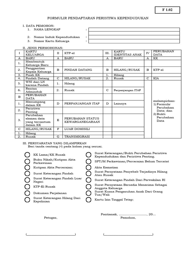 Form 1035576727 F.1.02 Formulir Pendaftaran Peristiwa Kependudukan | PDF