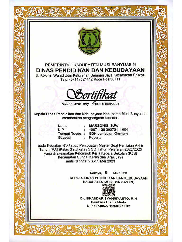 Sertifikat 4 Marsonis, S.PD 196711282007011004 | PDF