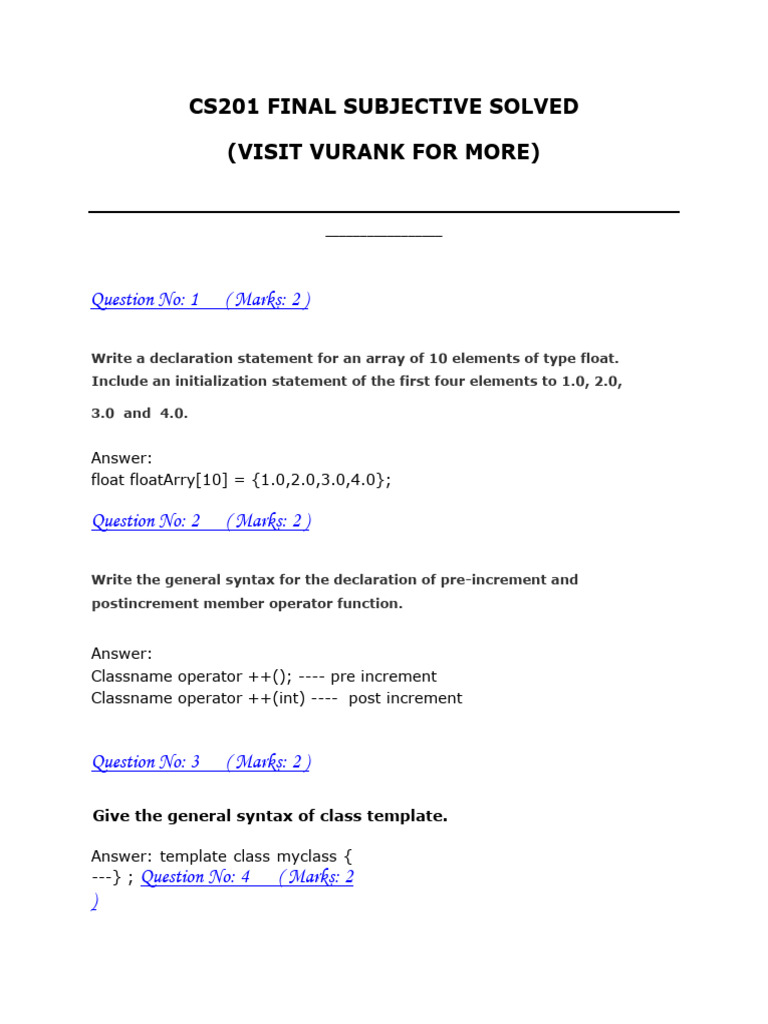 CS201 Final Subjective Solved | PDF | C++ | Programming Paradigms