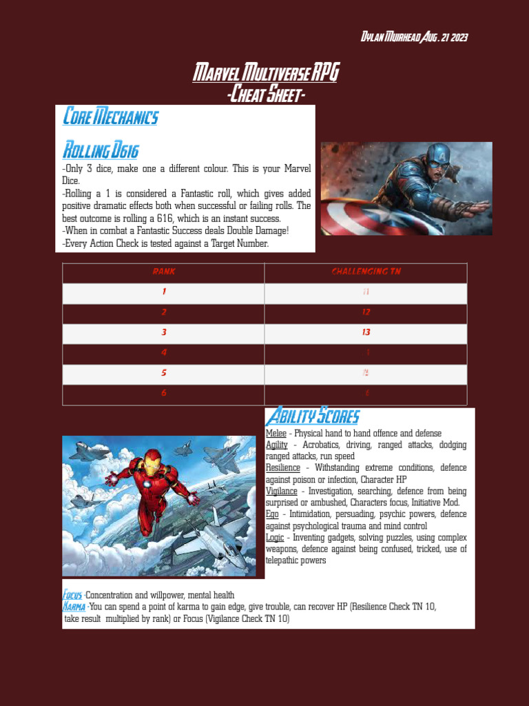 Marvel Multiverse RPG Cheat Sheet | PDF