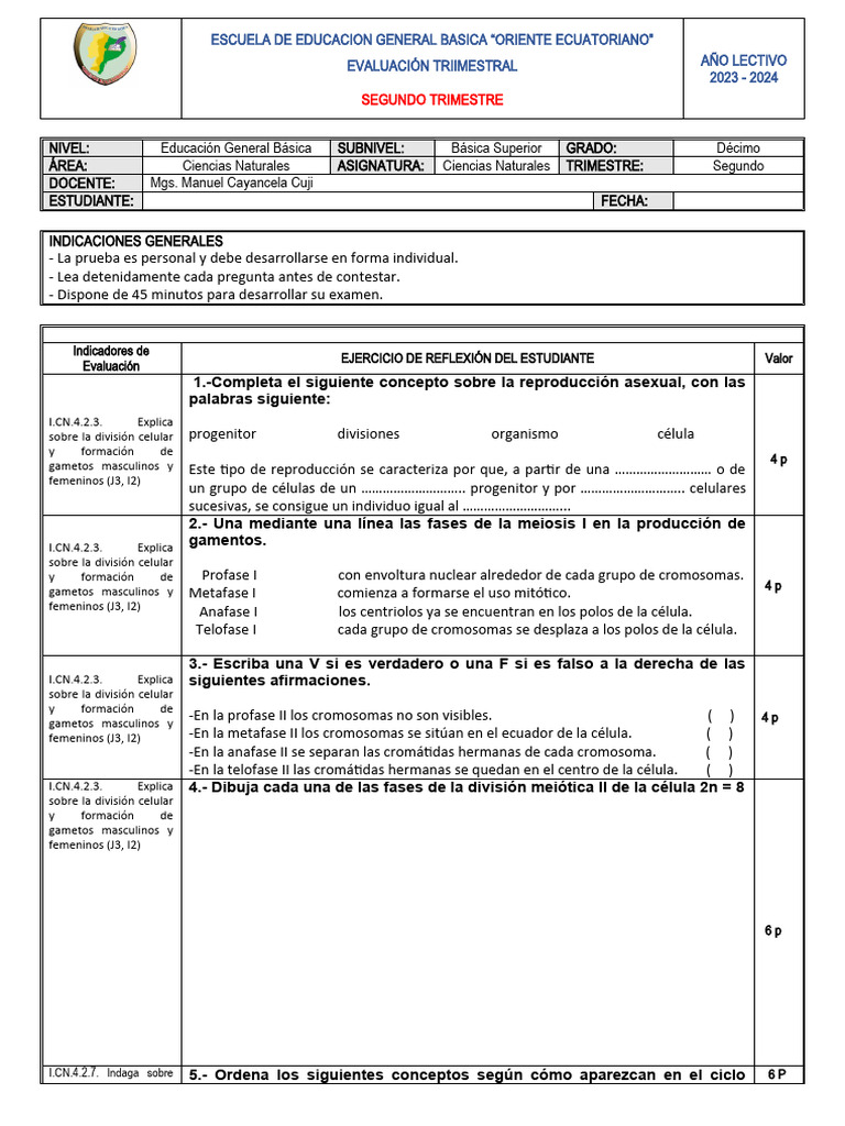 EXAMENES DEL 2do TRIMESTRE CCNN 10mo | PDF | Mitosis | Genética
