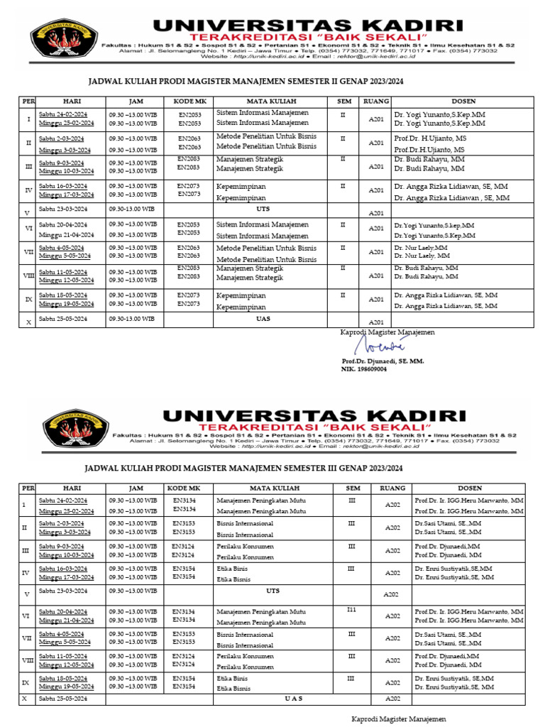 Jadwal Kuliah Genap 2023-2024 | PDF