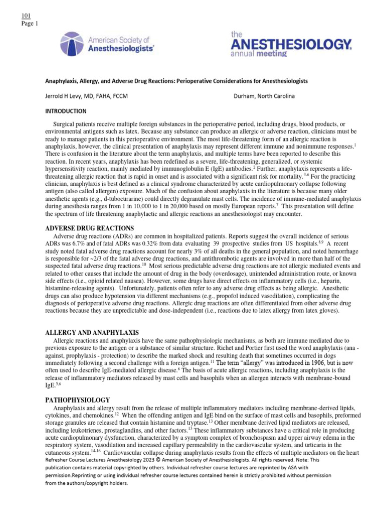 Anaphylaxis, Allergy, and Adverse Drug Reactions Perioperative ...
