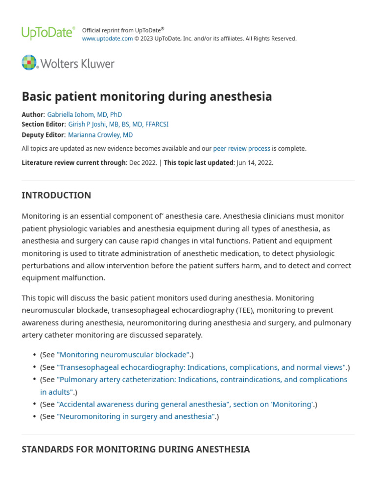 Basic Patient Monitoring During Anesthesia - UpToDate | PDF | Blood ...