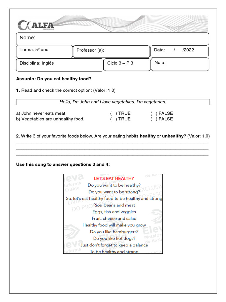P3 - INGLÊS - 5ºANO | PDF | Lunch | Foods