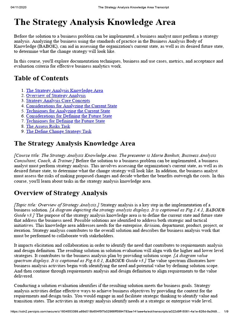 The Strategy Analysis Knowledge Area (Skillsoft Percipio) | PDF | Risk ...