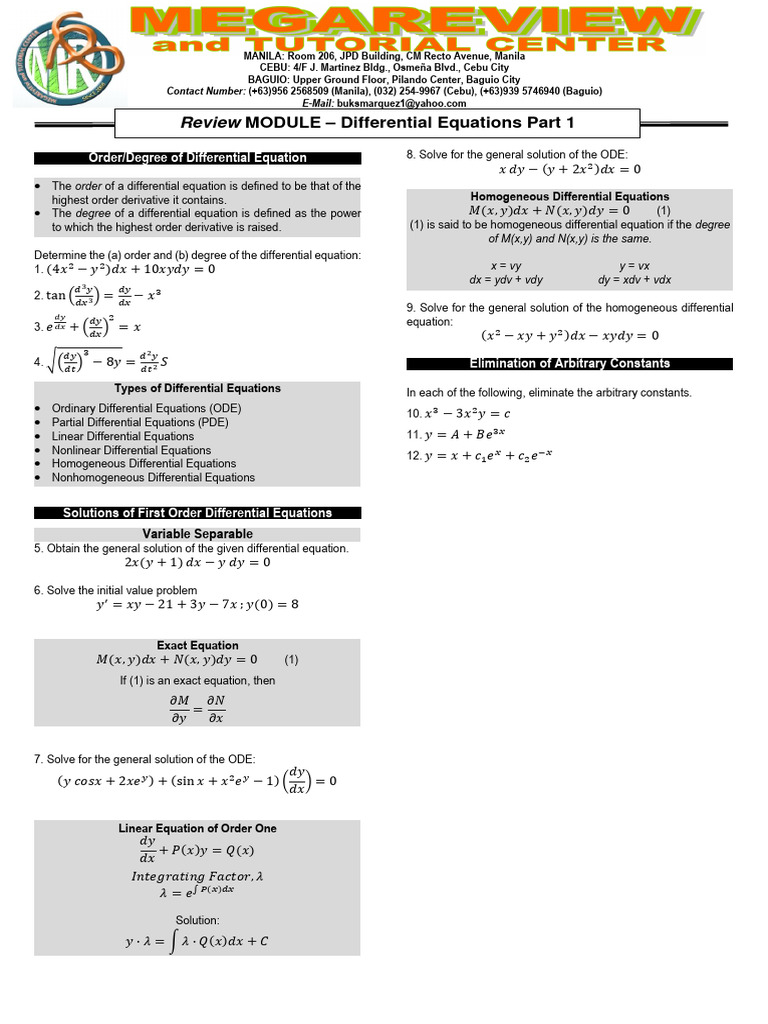 Review Module - Differential Equations Part 1 | PDF | Differential Equations | Partial ...