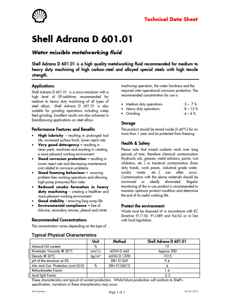 Shell Adrana D 601.01 Metalworking Fluid | PDF | Corrosion | Metalworking