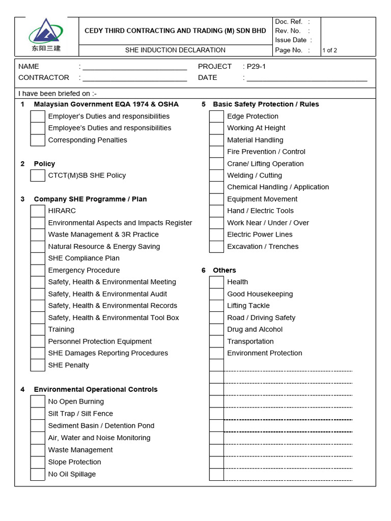 Induction Declaration | PDF | Safety