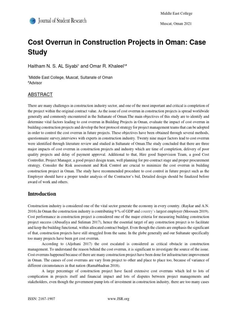 Cost Overrun In Construction Projects In Oman Case Pdf Survey Methodology Methodology