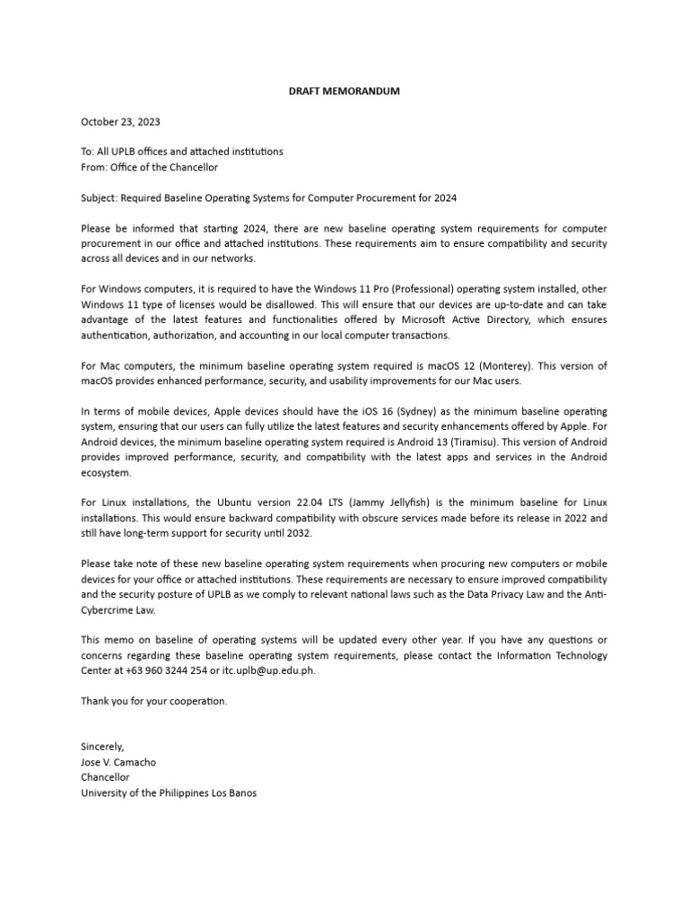 DRAFT MEMORANDUM-On-Baseline-OS-on-UPLB-Procurement-2024 | PDF | Operating System | Android ...