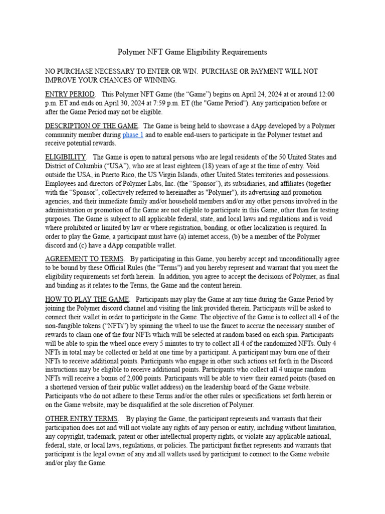 Polymer NFT Game Eligibility Requirements | PDF | Damages | Legal Liability