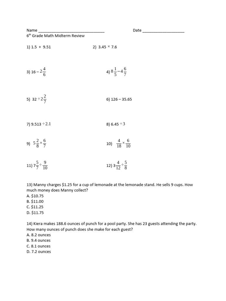 (2021) 6th Grade Midterm Practice | PDF | Numbers | Equations