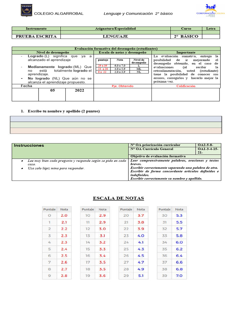 Ev. Nivel Lenguaje U1 | PDF