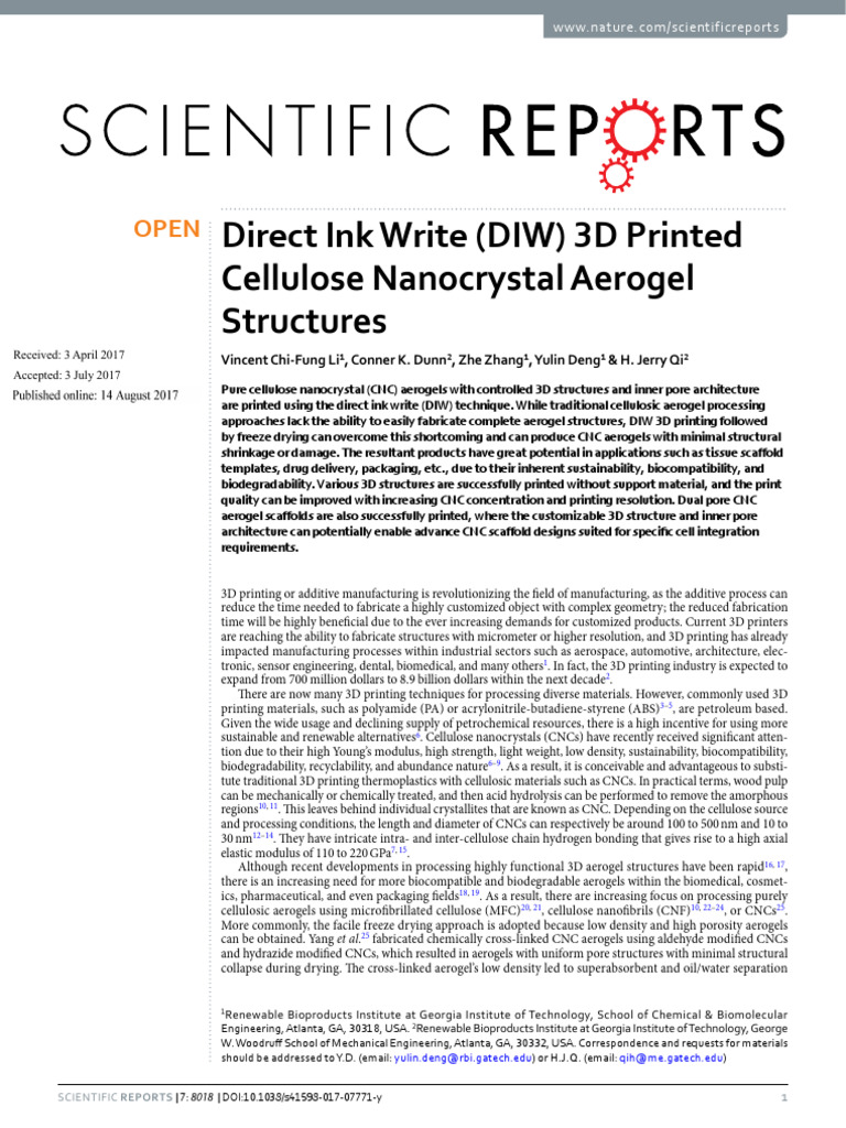 Li-2017-DIW 3D Printed Cellulose Nanocrystal Aerogel Structures | PDF ...