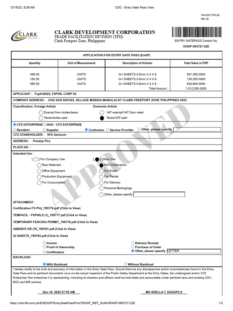 CDC Entry Gate Pass 12262022 K | PDF | Value Added Tax | Taxes