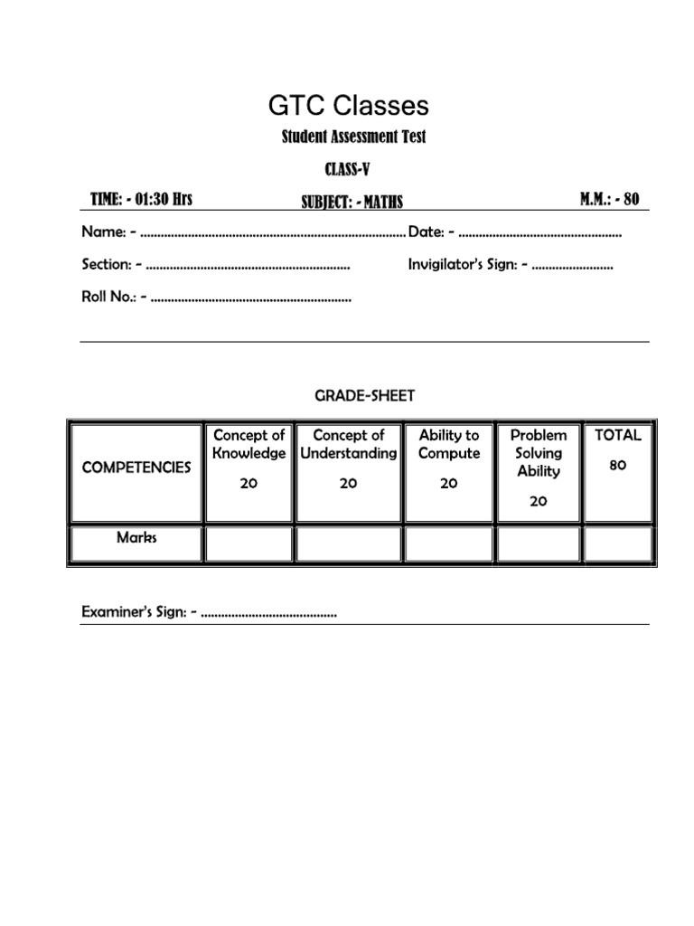 GTC Aashna Enrollment Practice Test Grade-5 | PDF