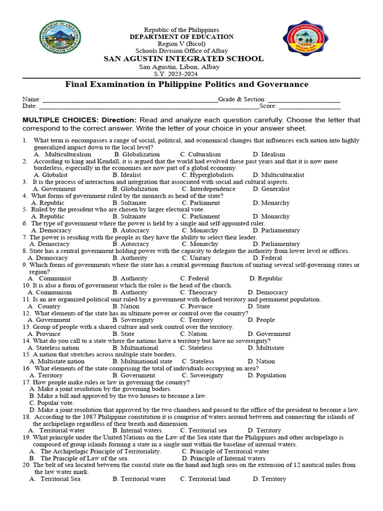Philippine Politics Exam Questions | PDF | Territorial Waters ...