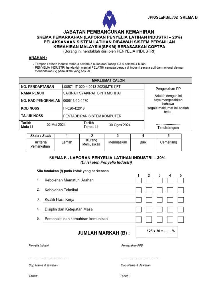 Skema Pemarkahan LI PPDKS 2024 - (KINA) | PDF