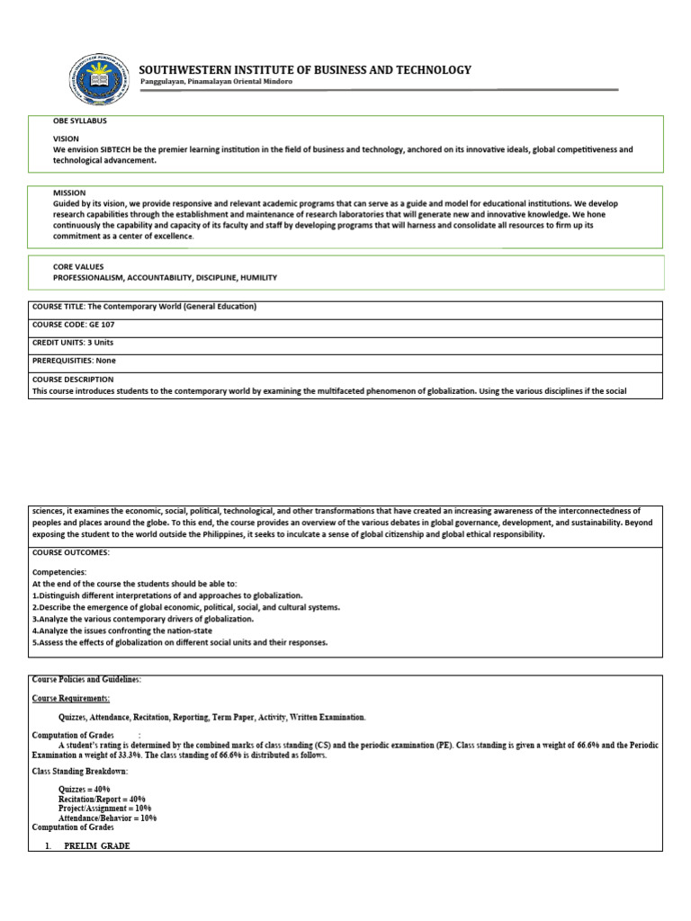 The Contemporary World Syllabus 2024 2025 | PDF | Sustainability ...
