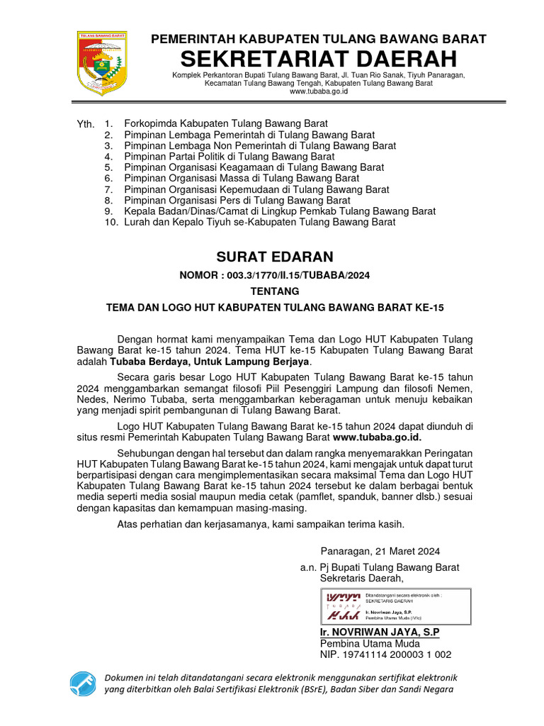 65fe77b414f16 Surat Edaran Logo Dan Tema HUT Tubaba Ke-15 Sign | PDF