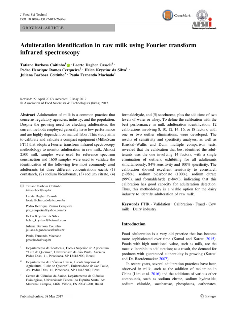Adulteration Identification In Raw Milk Using Fourier Transform Infrared Spectros Pdf