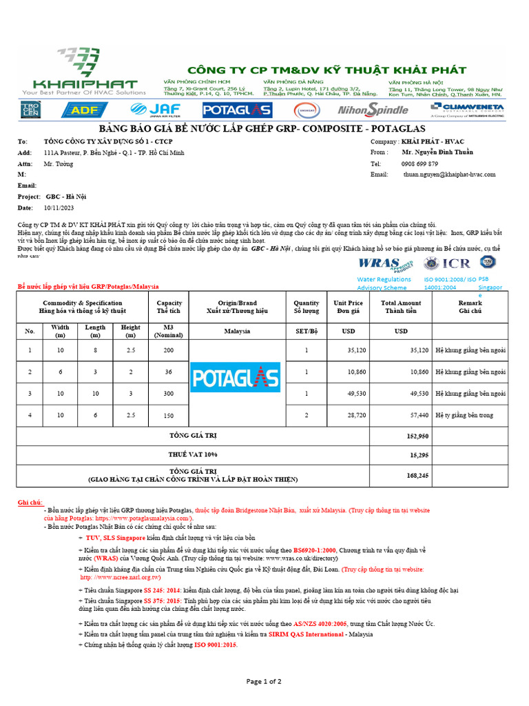 2023.10.11 - Bao Gia Tank Lap Ghep GRP - Potaglas - Cc1 - GBC HN | PDF