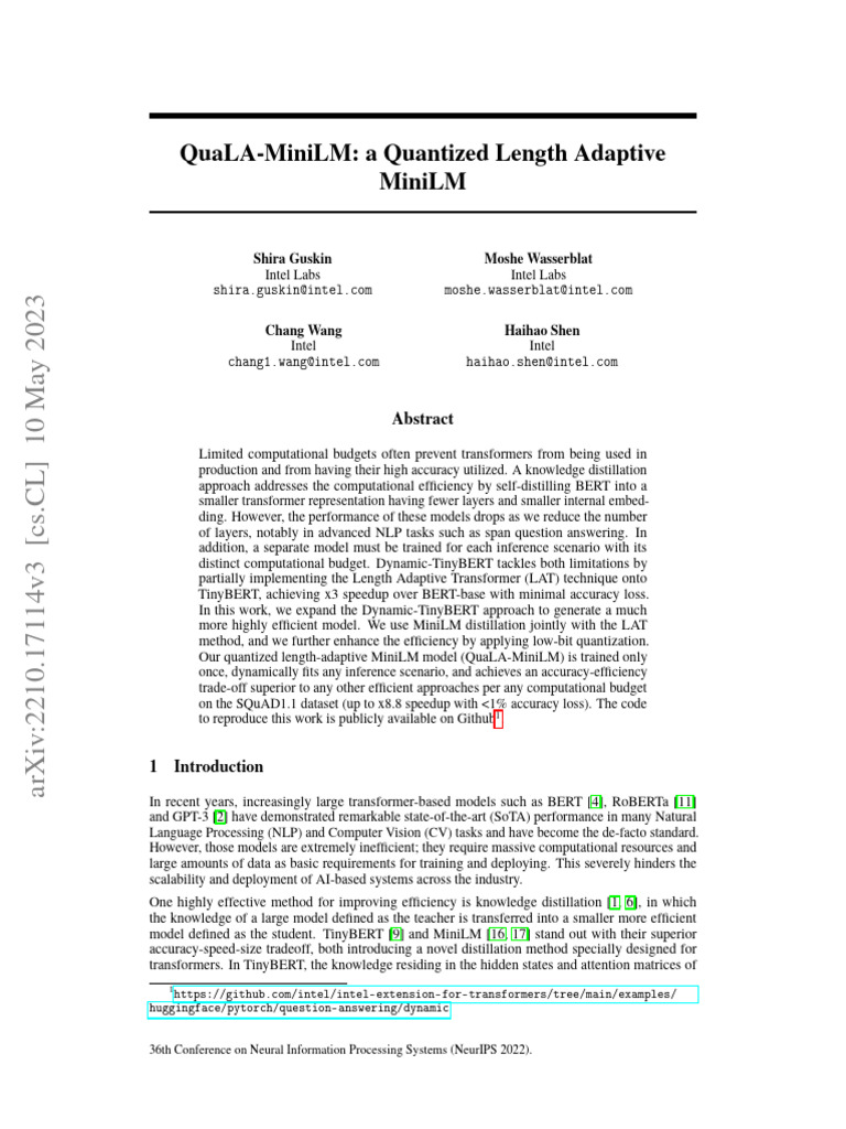 Quala-Minilm: A Quantized Length Adaptive Minilm: Huggingface/Pytorch/Question-Answering/Dynamic ...