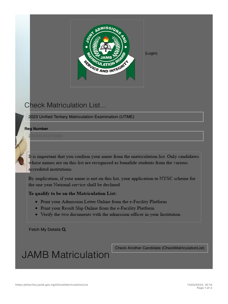 Matriculation List... | PDF