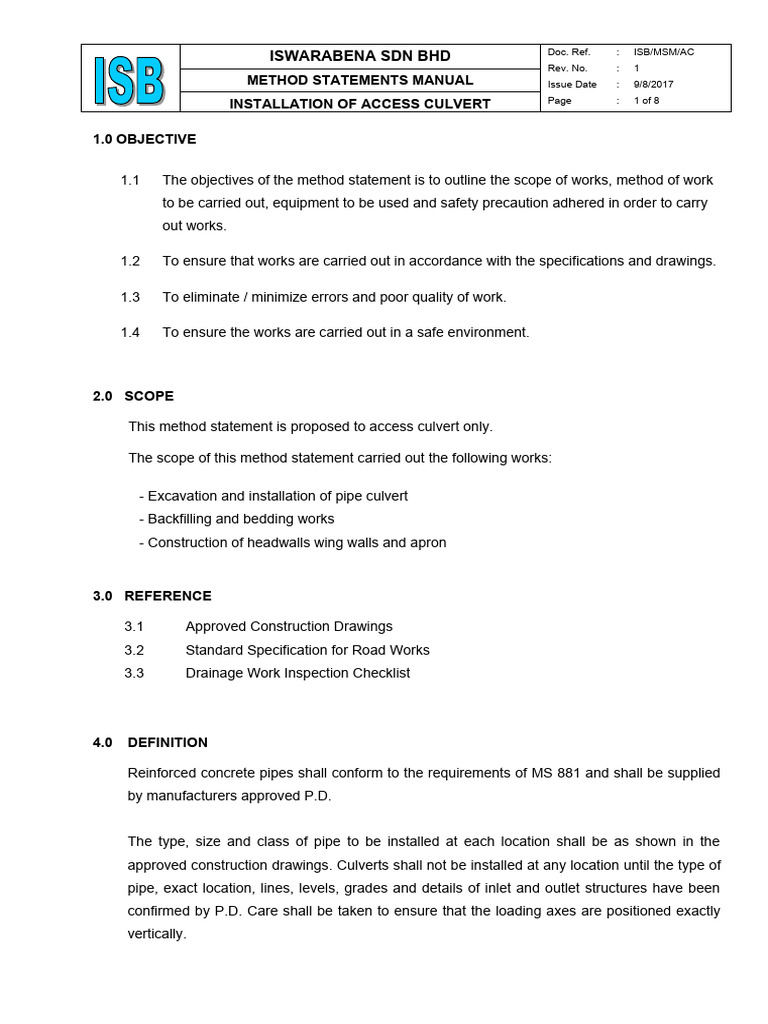 MB Mos Installation of Access Culvert | PDF | Concrete | Pipe (Fluid ...