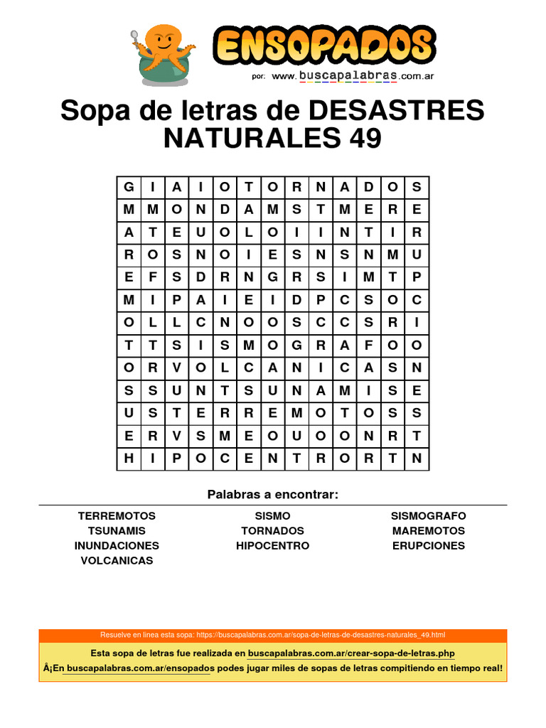 Sopa de Letras: Desastres Naturales | PDF