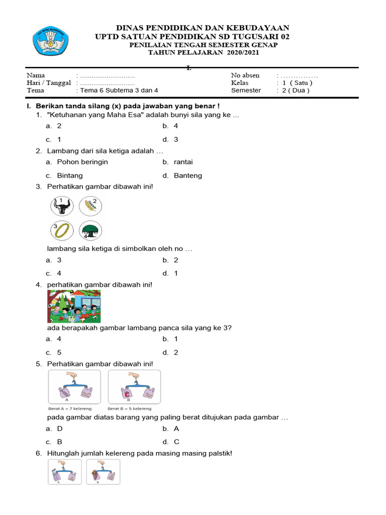 Soal & Jawaban PTS KELAS 1 (Tema 6 Subtema 3 Dan 4) | PDF