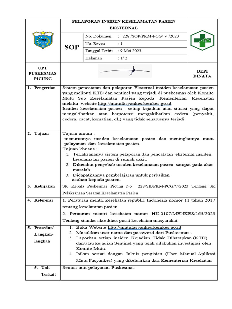 SOP PELAPORAN INSIDEN KESELAMATAN PASIEN EKSTERNAL Revisi | PDF