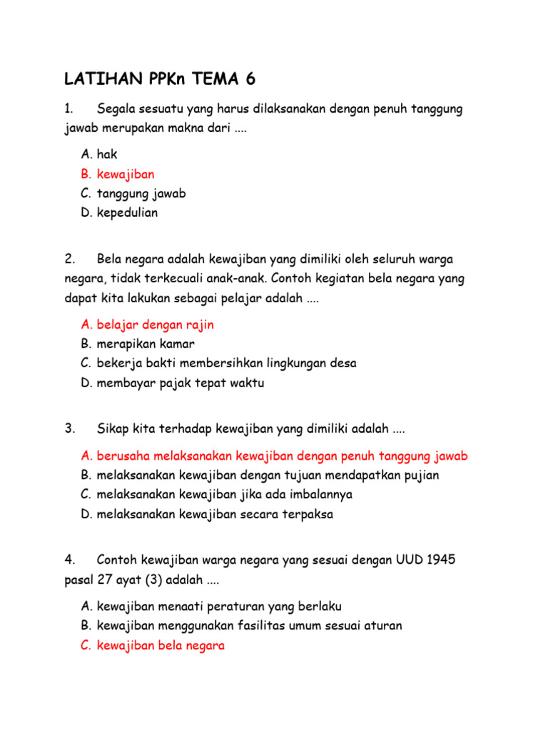 LATIHAN PPKN TEMA 6 | PDF