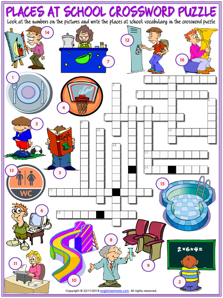 Places at School Vocabulary Esl Crossword Puzzle Worksheet For Kids | PDF