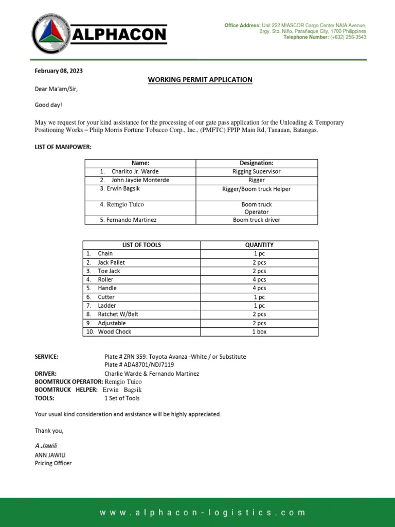 Working Permit Application for PMFTC | PDF