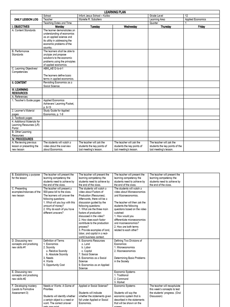 Applied Economics Daily Lesson Log W1 | PDF | Economics | Microeconomics