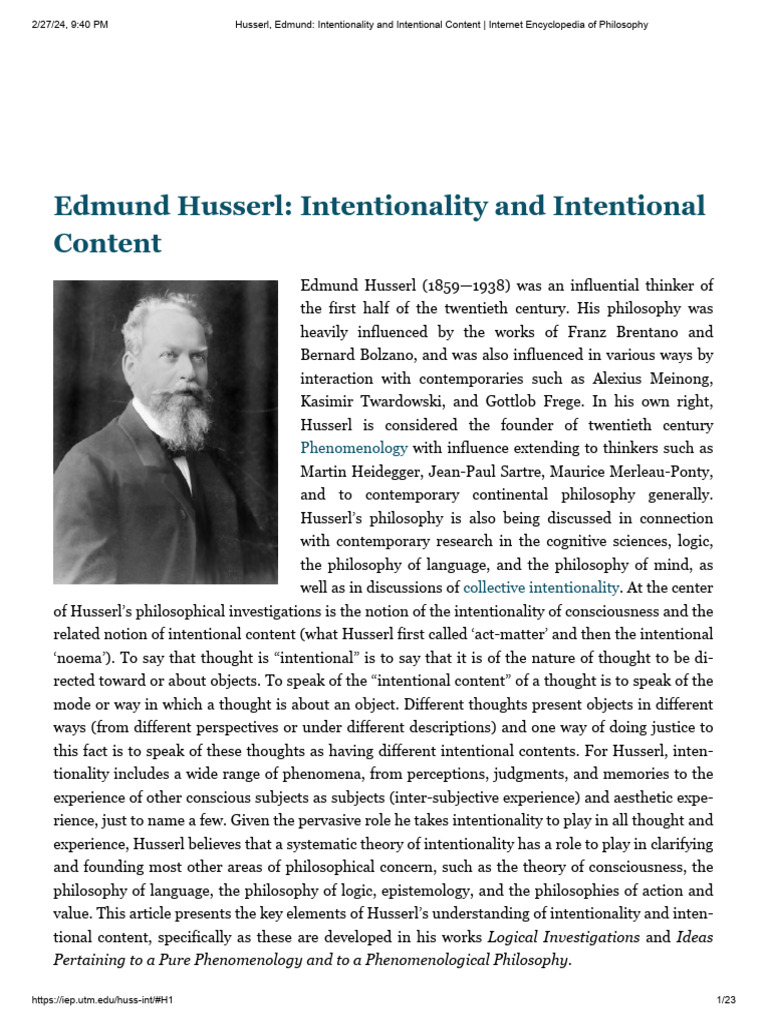Husserl, Edmund - Intentionality and Intentional Content - Internet Encyclopedia of Philosophy ...