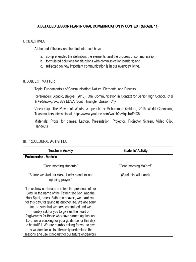 Day 1 - Fundamentals of Communication - A Lesson Plan in Oral ...
